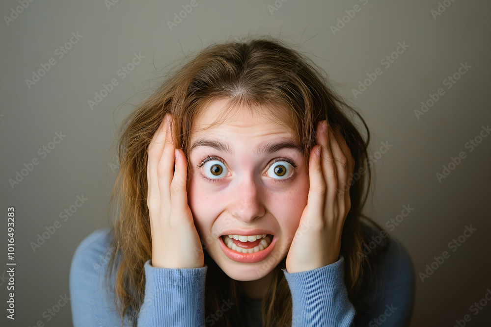 Young woman with brown hair displaying fear and anxiety, showing inner ...