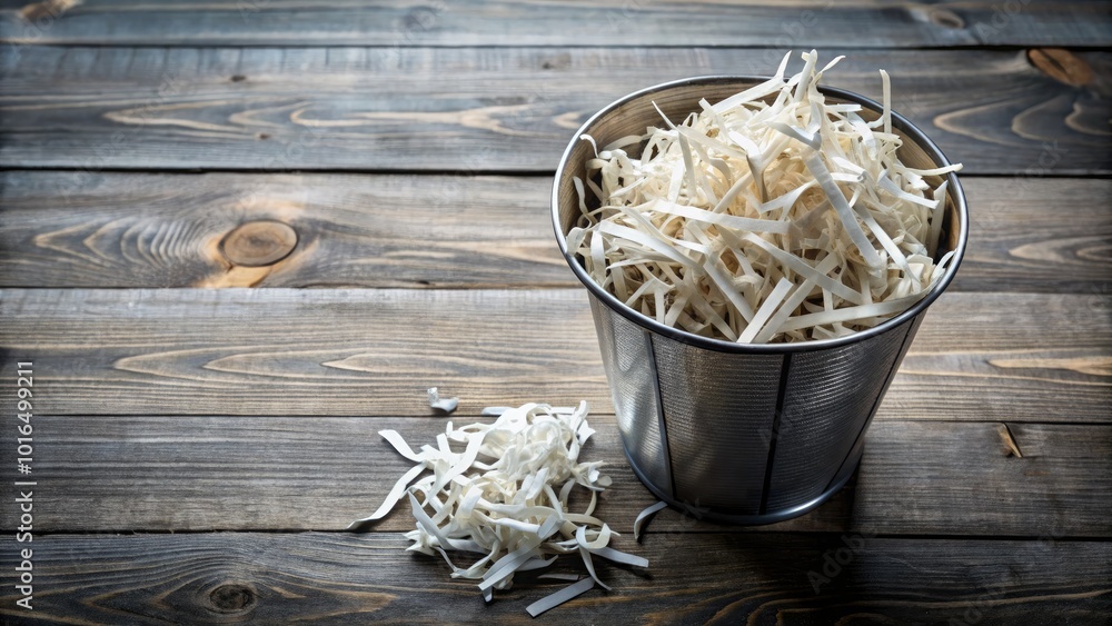 Shredded paper strips in a trash bin on a grey wooden table, promoting ...