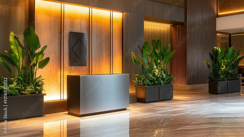 A modern fire hose cabinet installed in a hotel lobby, blending ...