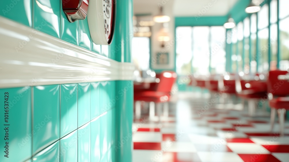 An interior of a retro-style diner with teal wall tiles and red ...
