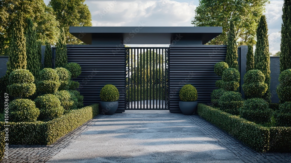 Gate design with horizontal charcoal wooden slats, flat roof, iron ...