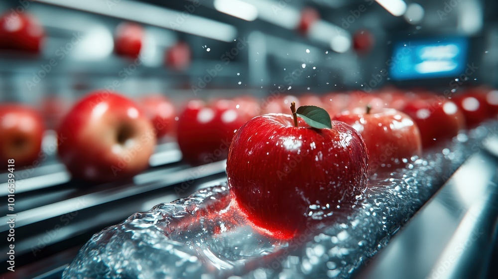 A glistening red apple with a leaf is spotlighted as it moves along a ...