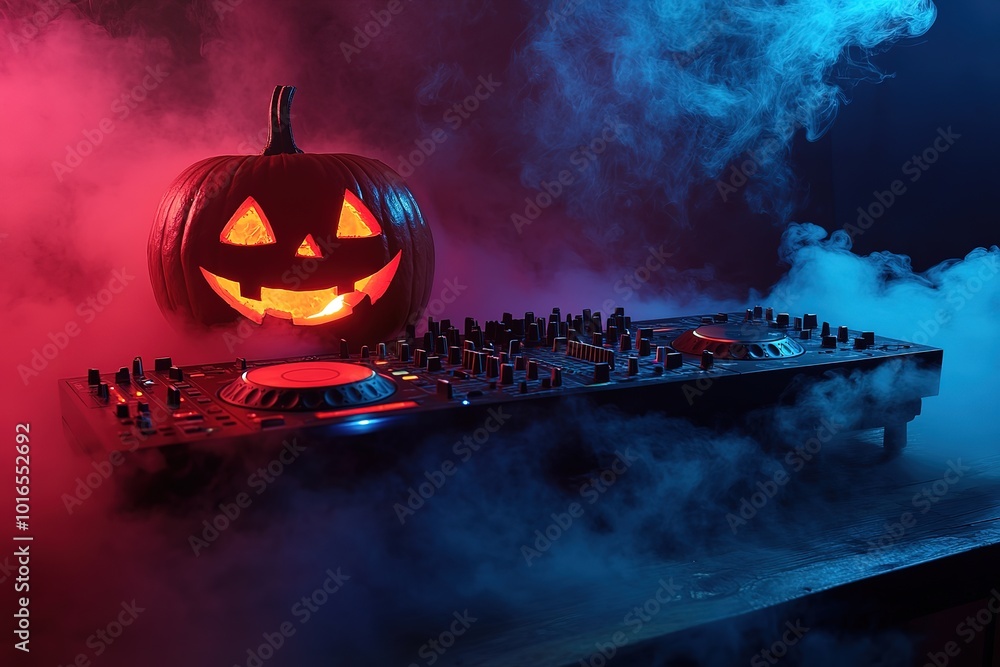 Halloween party concept with a DJ deck and turntable on a dark ...