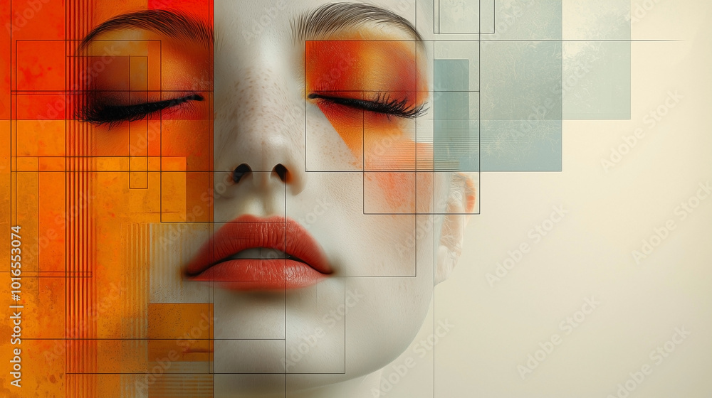 An abstract portrait combining soft facial features with geometric ...