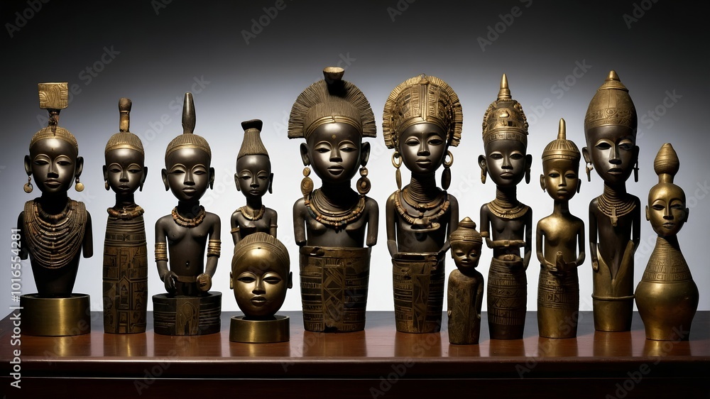 Collection of traditional African artifacts including Ashanti dolls ...