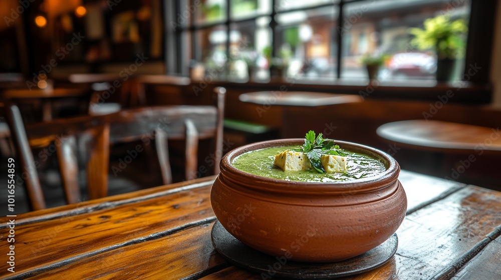 Palak Paneer, guiso de espinacas con paneer fresco, servido en una olla ...