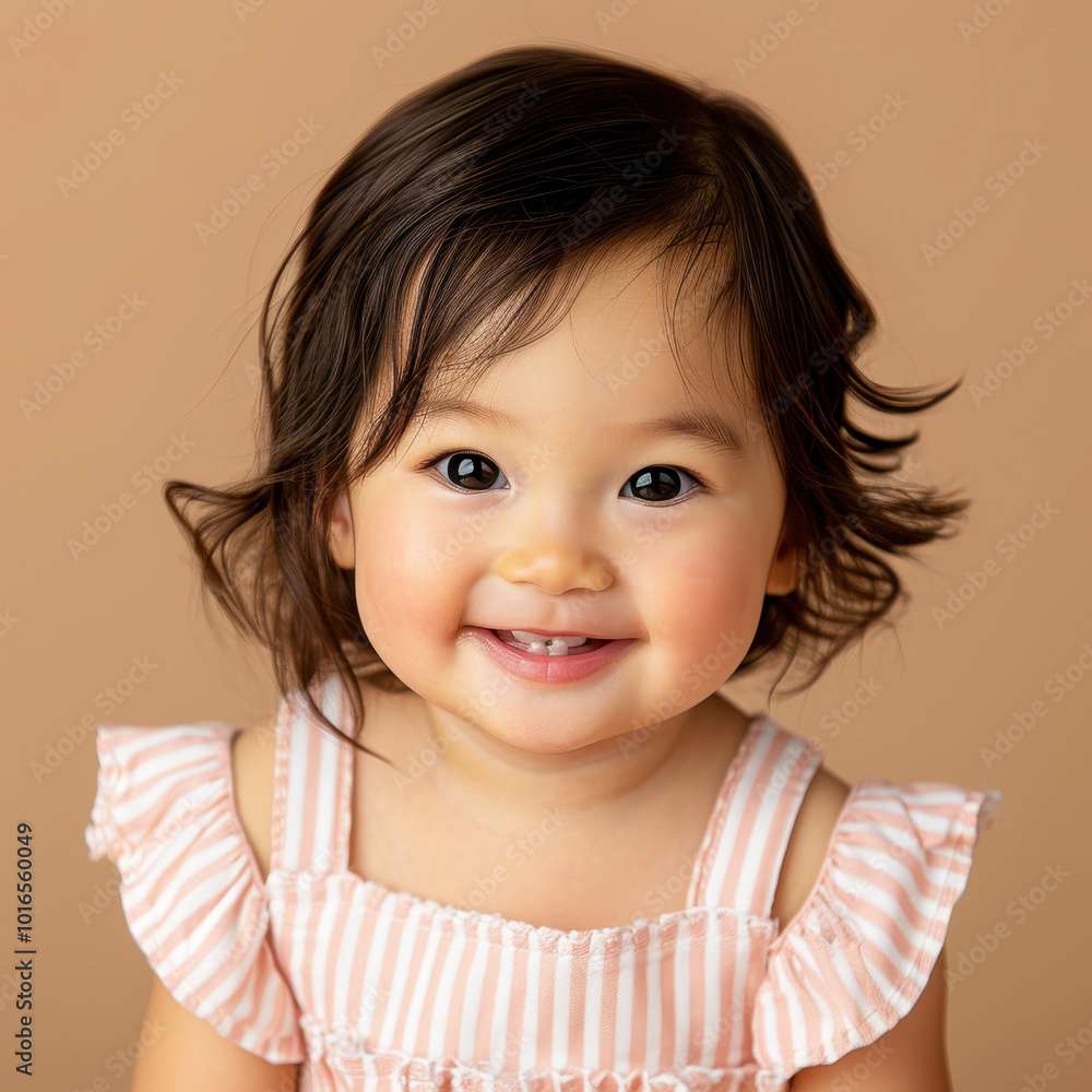 Portrait of a smiling dark brown-haired Southeast Asian baby girl in a ...