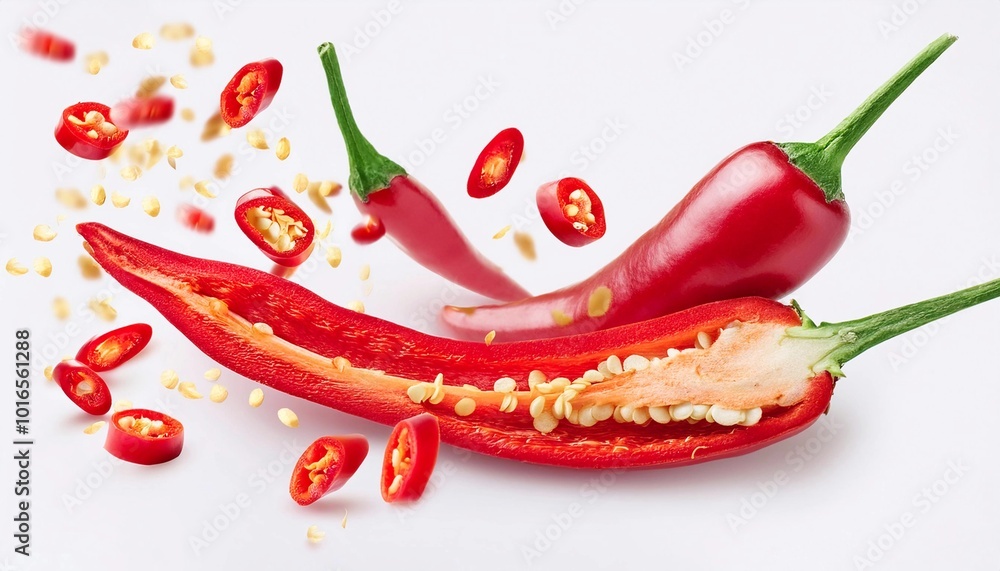 Fresh red chilli pepper and cross sections of chilli pepper with seeds ...