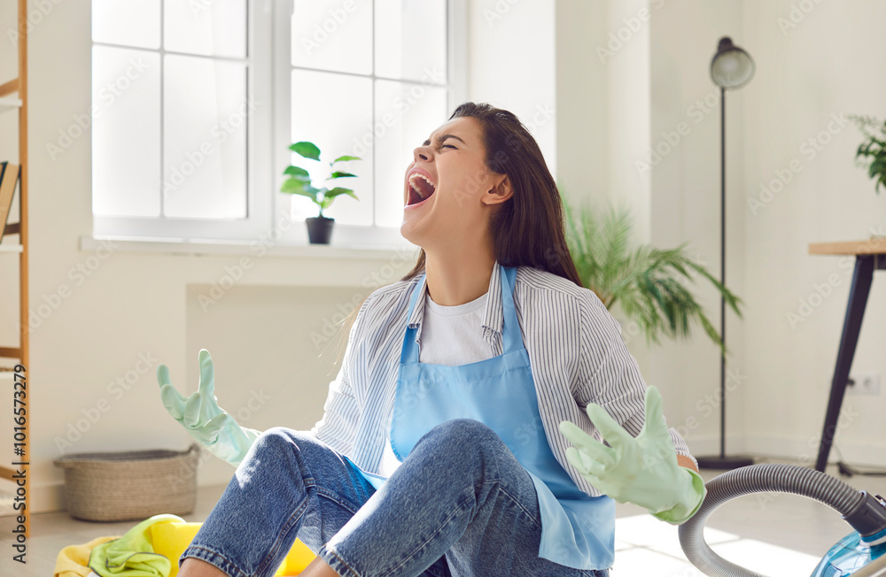 Female cleaner crying in anger, unhappy housewife, woman in emotional ...