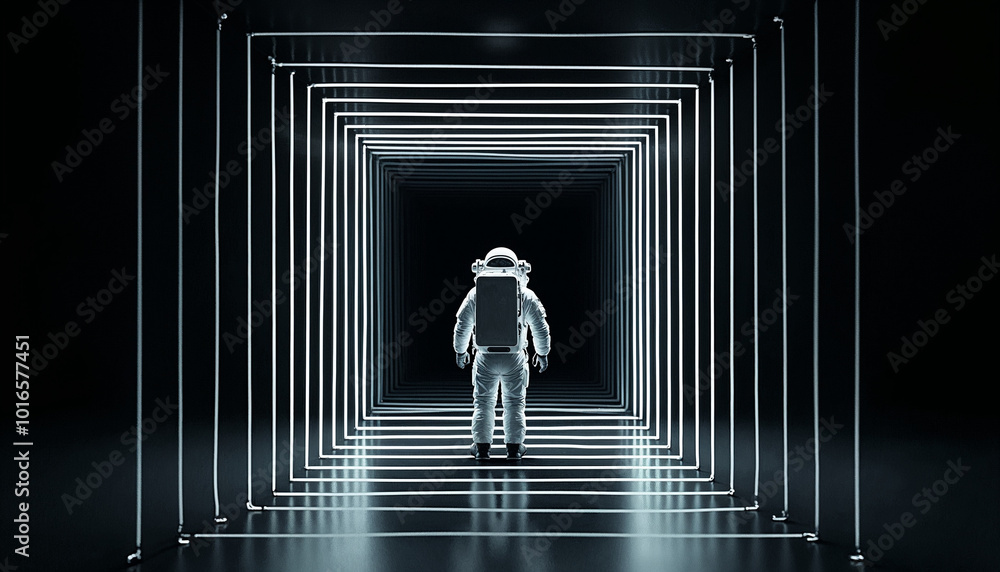 Astronaut staring into rectangular portal concentric frames liminal ...