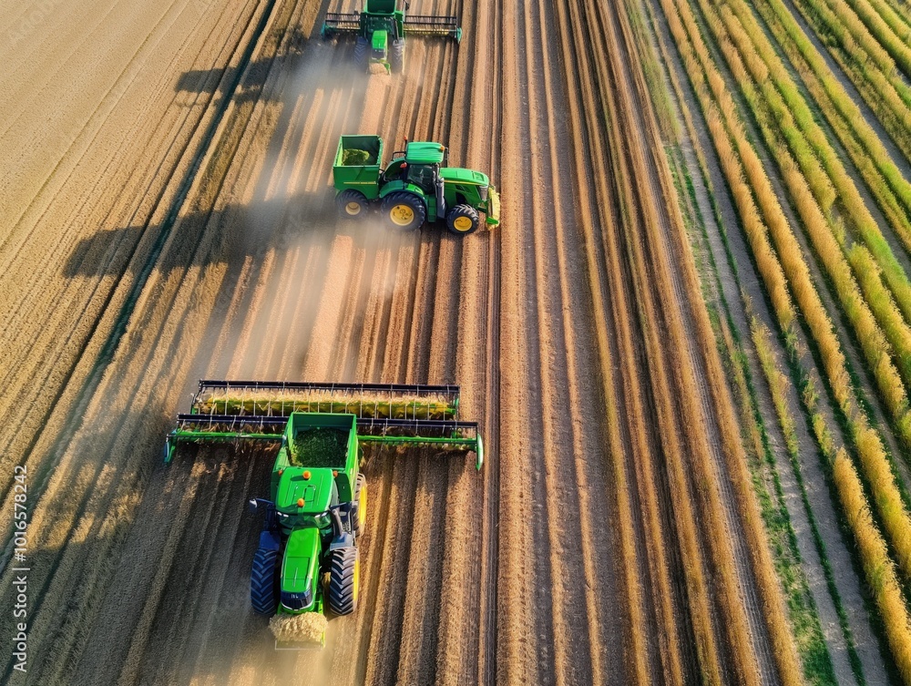 Aerial view of green tractor in large field harvesting crops. Tractor ...