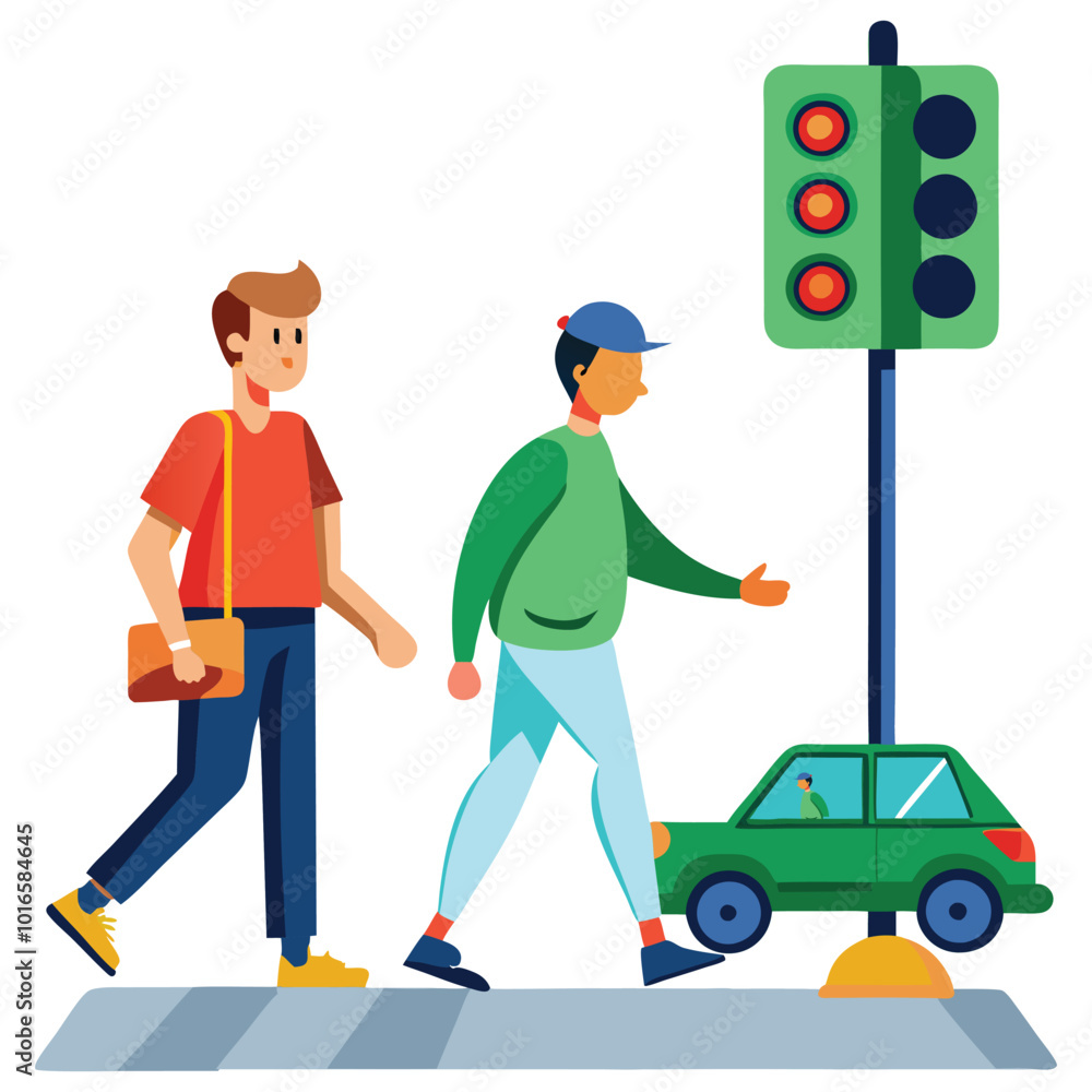 Two male characters are walking along a pedestrian crossing on a green ...
