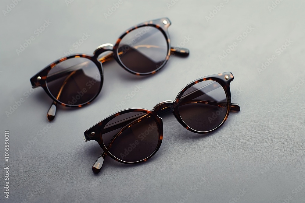 Two pairs of sunglasses rest on gray surface. Tortoiseshell and aviator ...