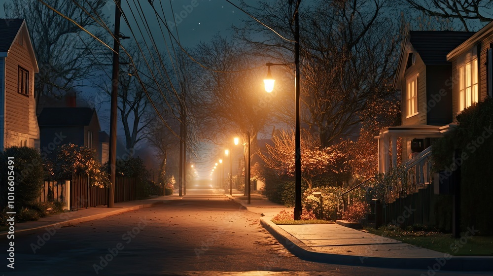 A quiet residential street at midnight, illuminated by soft, glowing ...
