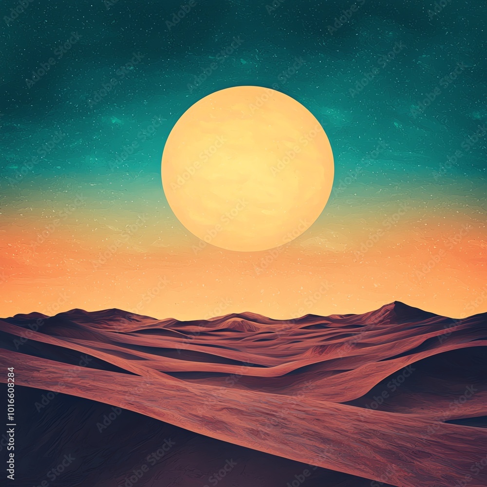 Surreal desert landscape with vibrant colors and a large sun setting ...
