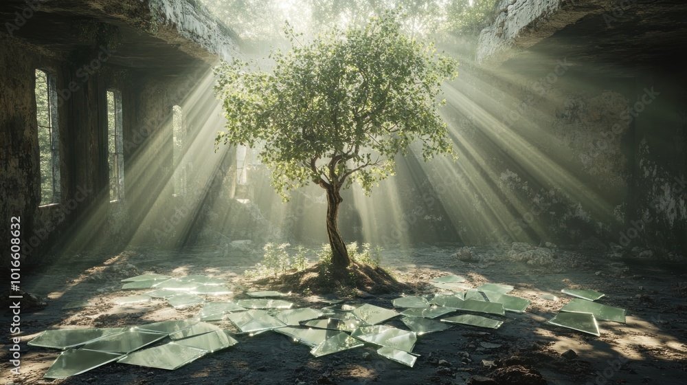 A tree grows through a shattered glass floor with beams of light ...
