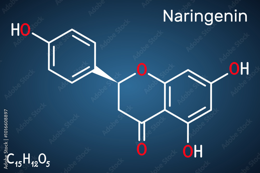 Naringenin molecule. A flavonoid found in citrus fruits with ...