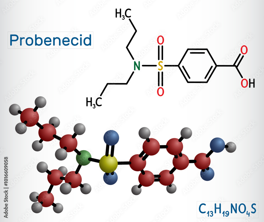 Probenecid molecule. A uricosuric agent used in the treatment of gout ...
