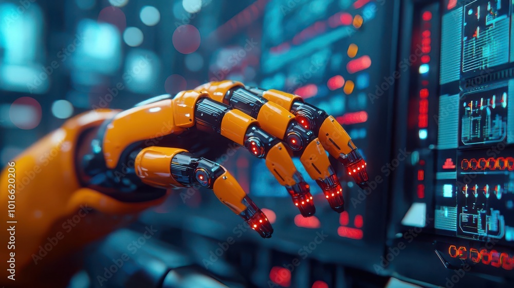 Futuristic robotic hand interacting with advanced technology in a high ...