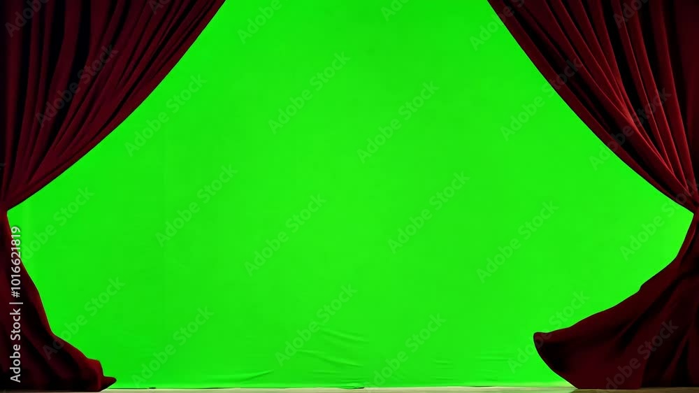 Witness dramatic opening ofluxurious red velvet curtain against green ...