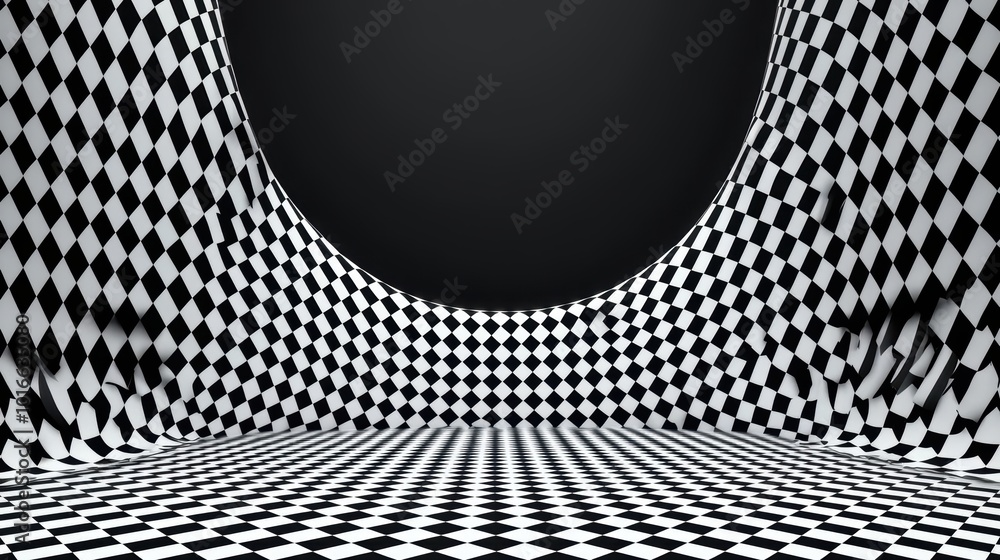 Black and white checkered room with curved walls and floor. Stock ...