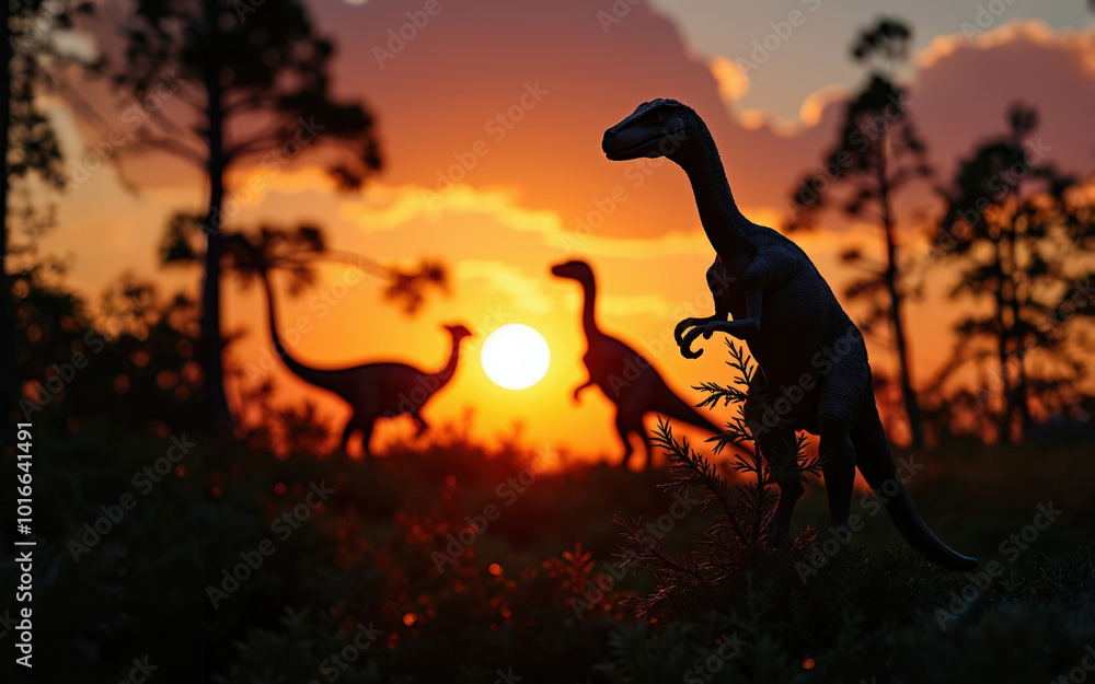 Silhouettes of dinosaurs in a prehistoric setting, set against a ...