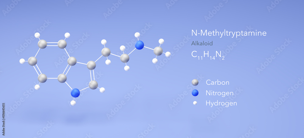 n-methyltryptamine molecule, molecular structure, alkaloid, 3d model ...
