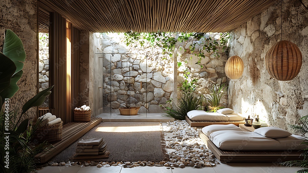 Modern Zen Spa Interior Design with Stone Walls Bamboo Ceiling and ...
