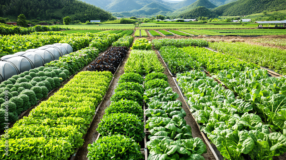 Lush green vegetable farm with rows of fresh produce and mountains in ...