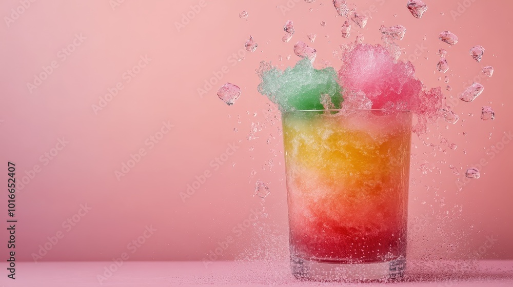 A vibrant slushie featuring a spectrum of colors, including green, pink ...