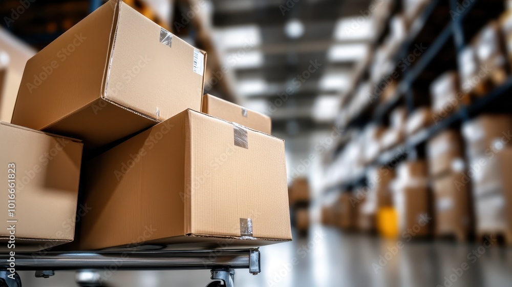 Several stacked cardboard boxes rest on a trolley in a well-lit ...