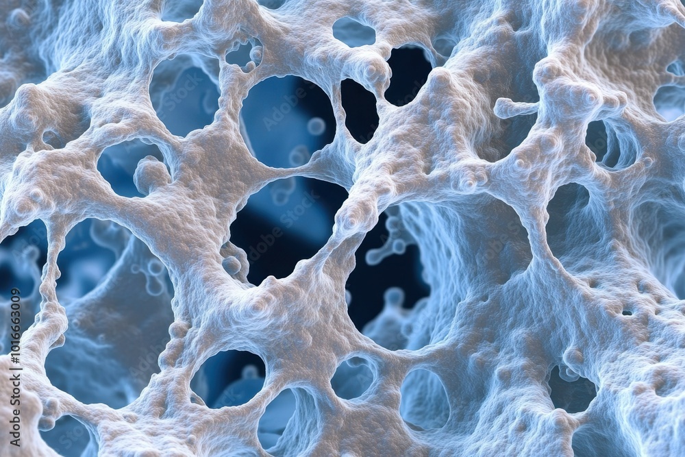 Highly magnified view of porous bone tissue, showcasing intricate structure and texture. Stock ...
