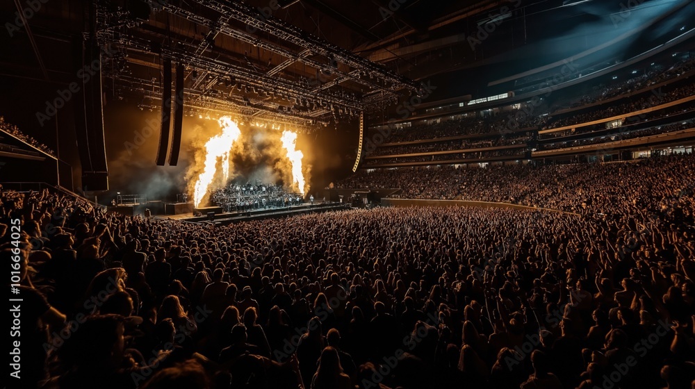 Massive crowd attending a live concert in an indoor stadium with stage ...