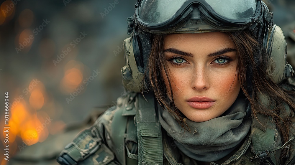 Woman Wearing Military Green Tanker Uniform and Tanker Helmet Sitting ...