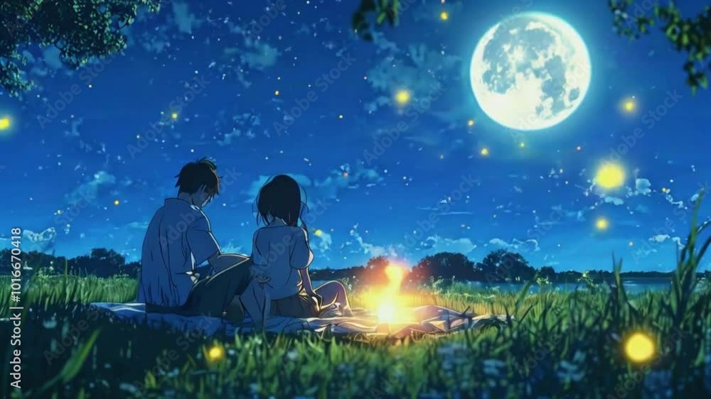 Animated virtual backgrounds cozy couple sits on the sand, sunset fade ...