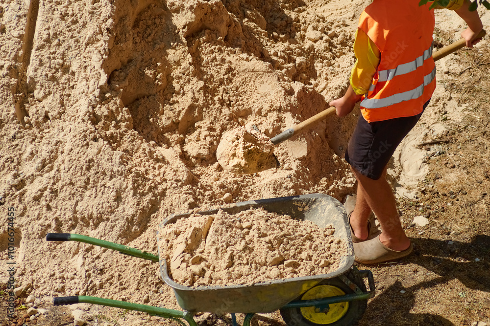 A shovel with sand in the hands of a worker over a wheelbarrow ...