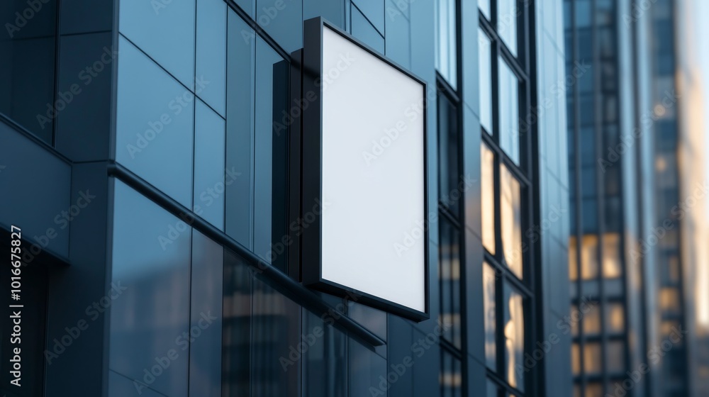 Black blank sign mockup hanging on the wall of modern building with ...