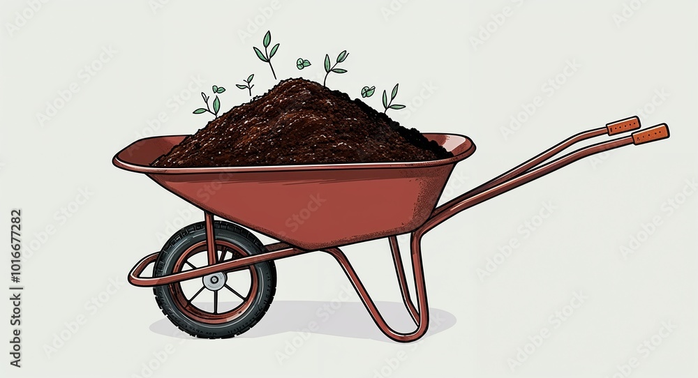 Hand drawing clipart of a wheelbarrow carrying soil in garden on plain ...