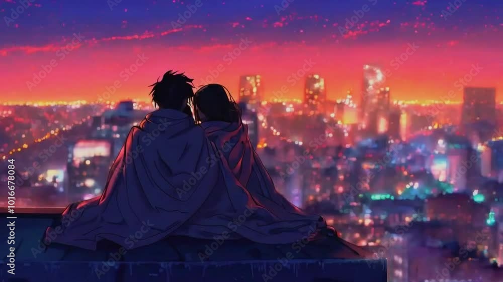 Animated virtual backgrounds cozy couple sits edge rooftop, wrapped in ...