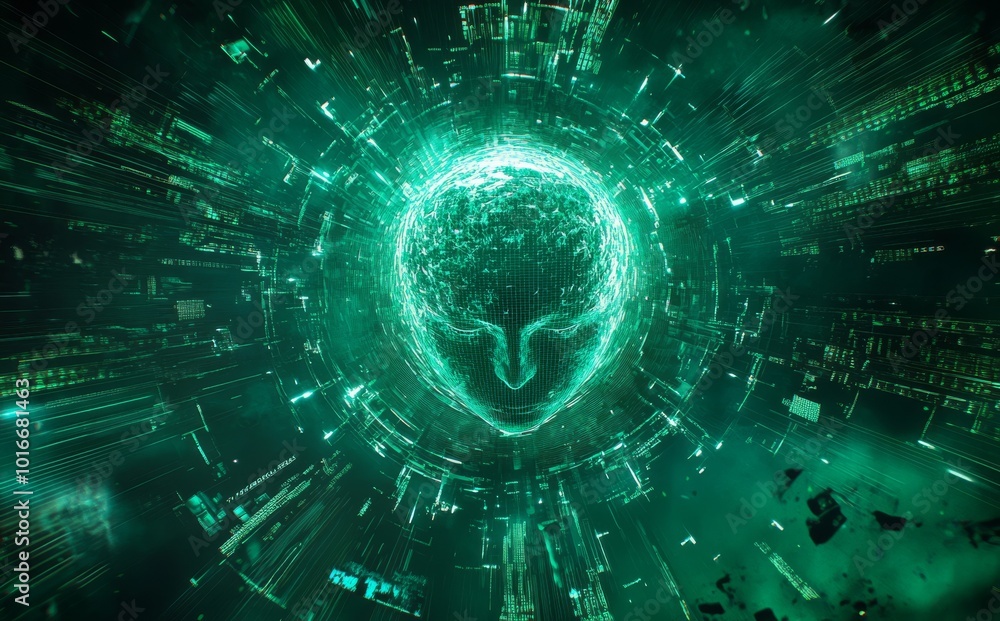 The background is a green futuristic sci-fi abstract background with a ...