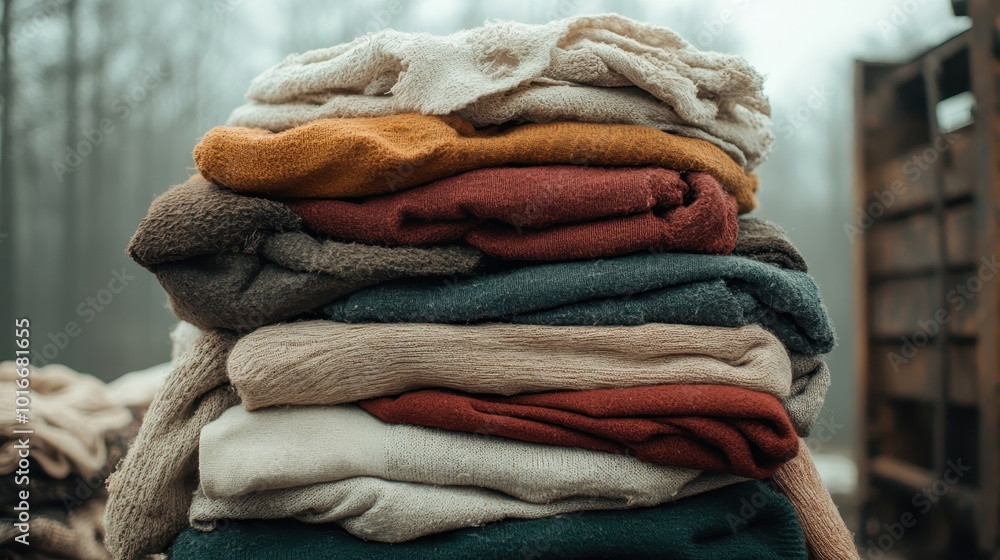Piled textiles in a variety of colors are stacked outdoors, against a ...