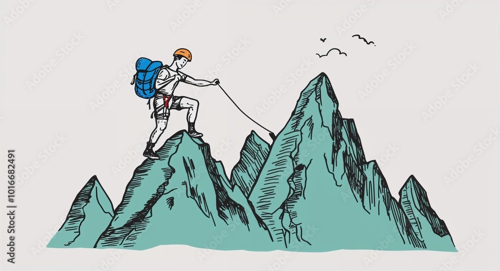 Hand drawing clipart of a man rock climbing mountain on plain white ...
