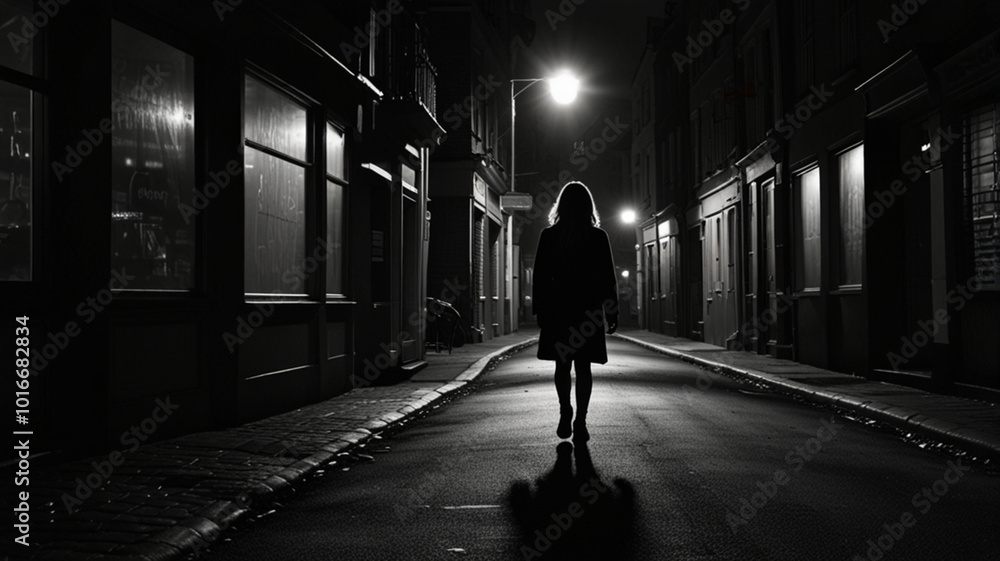 Young woman walking home alone at night in the dark street, concept of ...