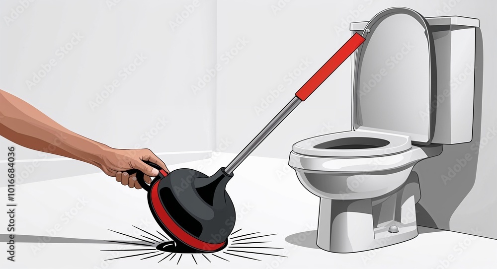 Hand drawing clipart of a plunger fixing clogged toilet on plain white ...