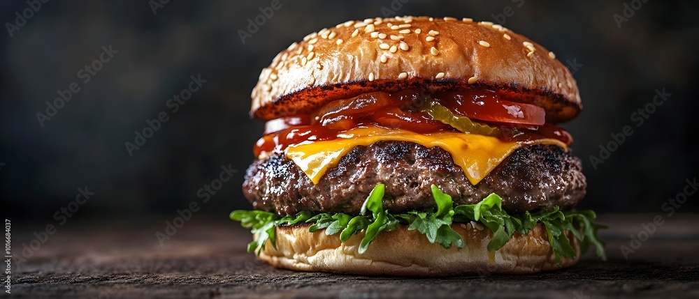 Dripping juicy cheeseburger stacked high with layers of savory beef ...