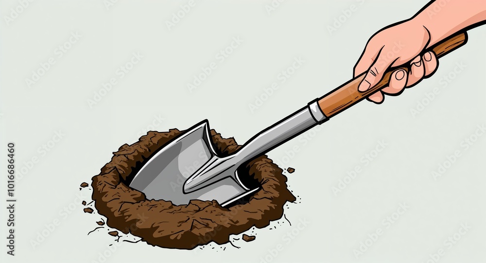 Hand drawing clipart of a shovel digging hole in garden on plain white ...