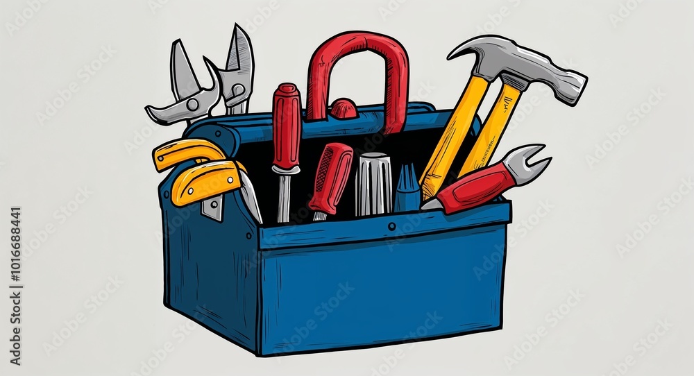 Hand drawing clipart of a toolbox filled with tools on plain white ...