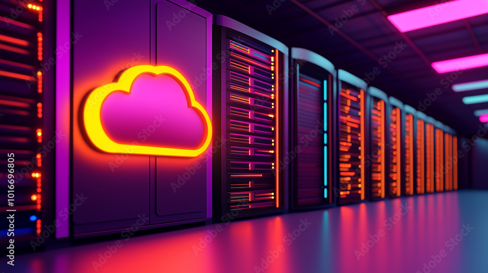 3D render of a glowing cloud icon on a row with modern server equipment ...