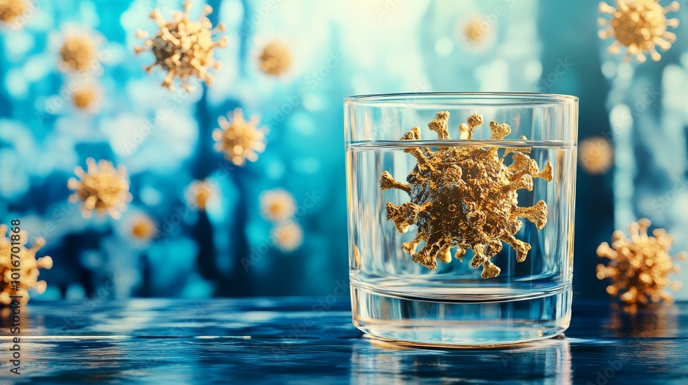 Viral illustrations floating inside a glass of water represent ...
