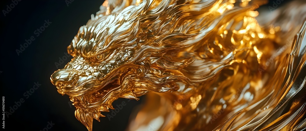 Gleaming golden sculpture of a mythical dragon like creature with a ...
